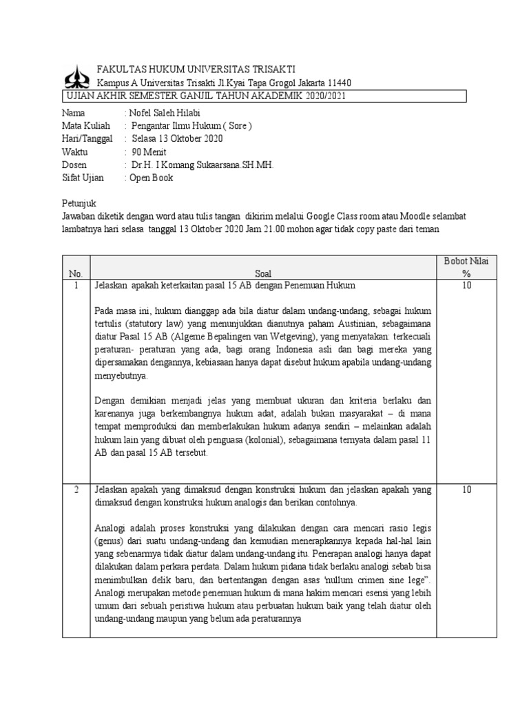 UAS PIH Kelas Sore Nofel Saleh Hilabi | PDF