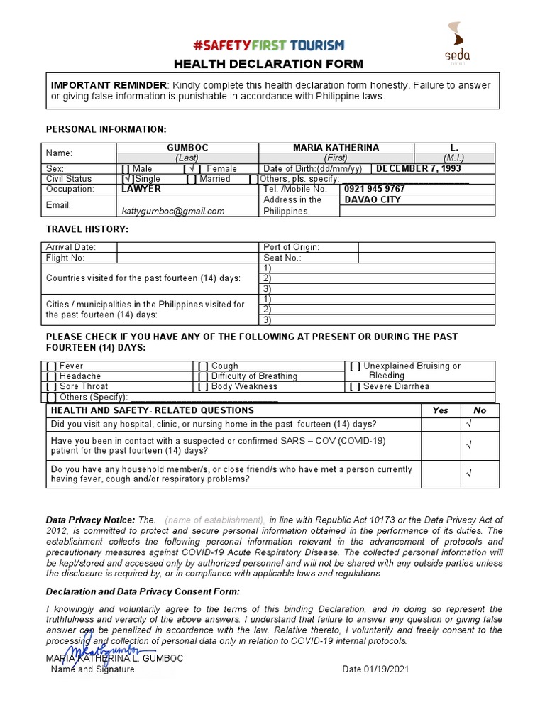 Seda Health Declaration Form - 2020 | PDF | Information Privacy | Medicine