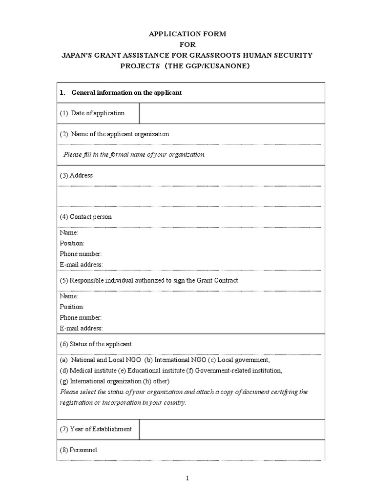 Application Form FOR Japan'S Grant Assistance For Grassroots Human Security Projects The Ggp ...