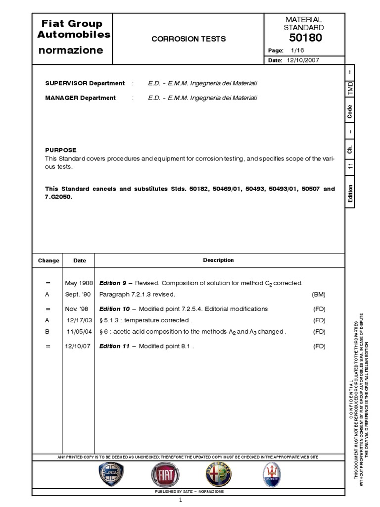 Normazione 50180: Fiat Group Automobiles | PDF | Corrosion | Salt ...