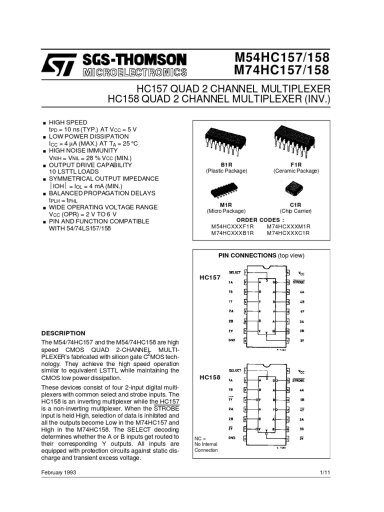 M54HC157/158 M74HC157/158: Hc158 Quad 2 Channel Multiplexer (Inv ...