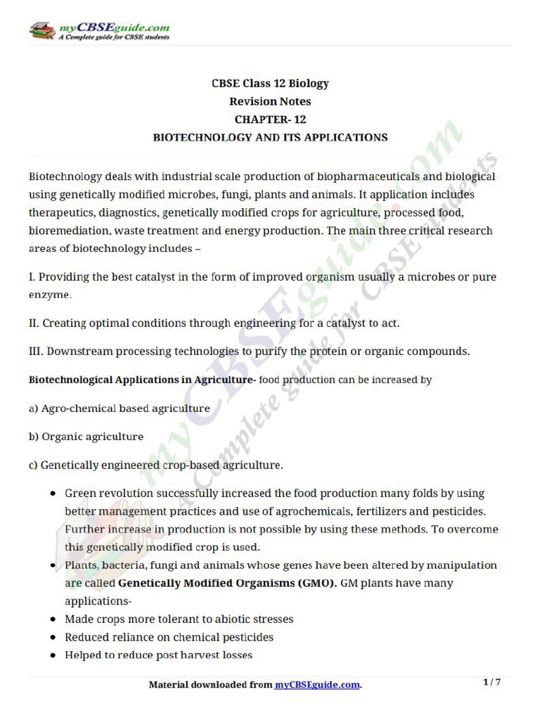 12 Biology Notes Ch12 Biotechnology and Its Applications | PDF