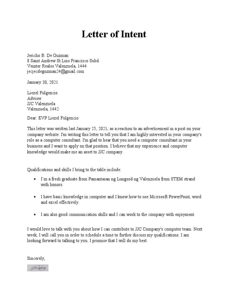 Bsit 1 2 de Guzman Jericho B. Letter of Intent | PDF