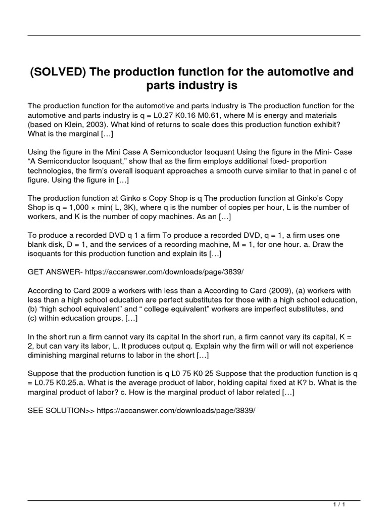 Solved The Production Function For The Automotive and Parts Industry Is ...
