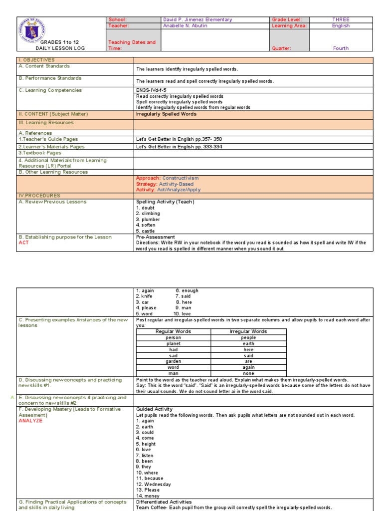 3rd Grade Irregularly Spelled Words Lesson | PDF | Teachers ...