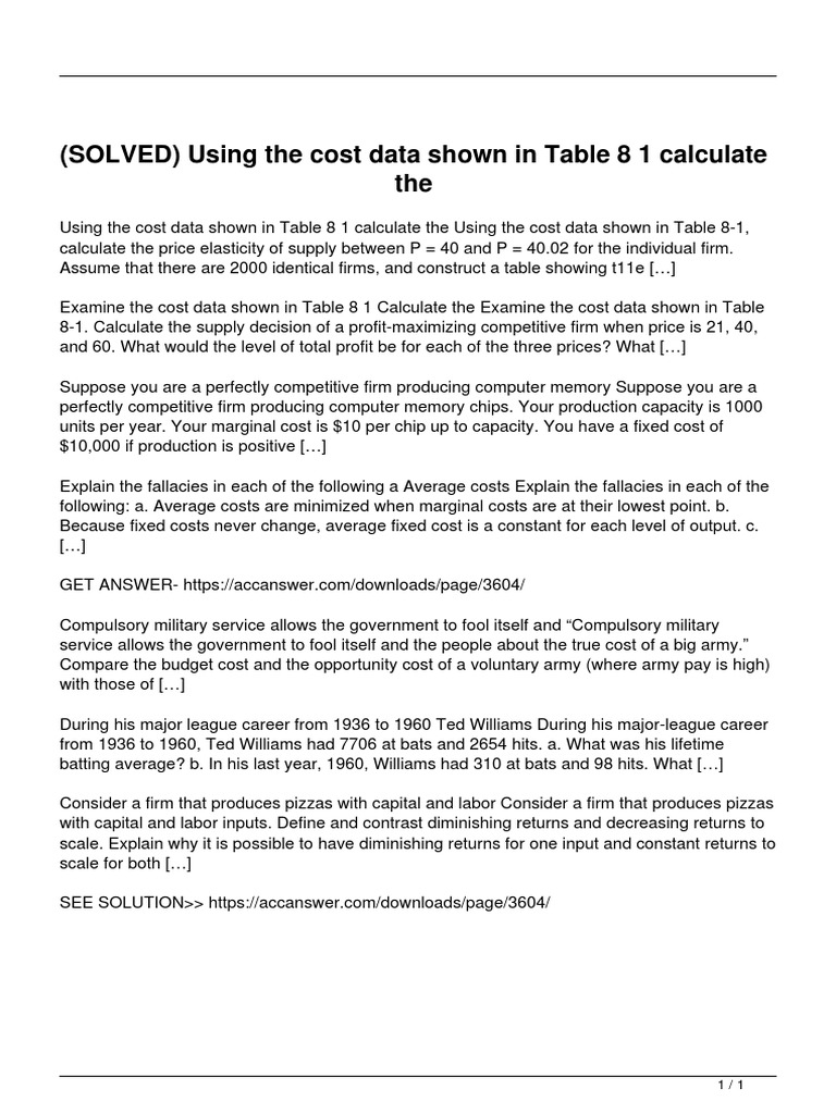 Solved Using The Cost Data Shown in Table 8 1 Calculate The | PDF ...
