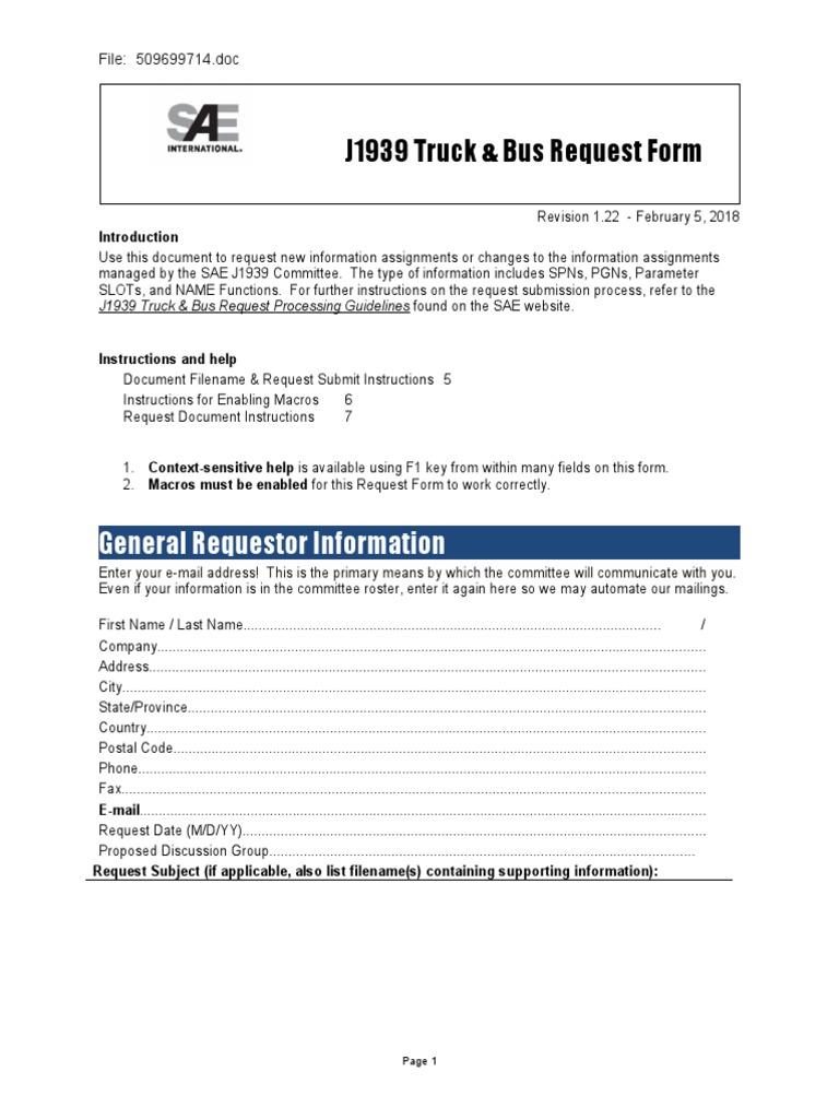 SAE J1939 Request Form | PDF | Microsoft Word | Filename