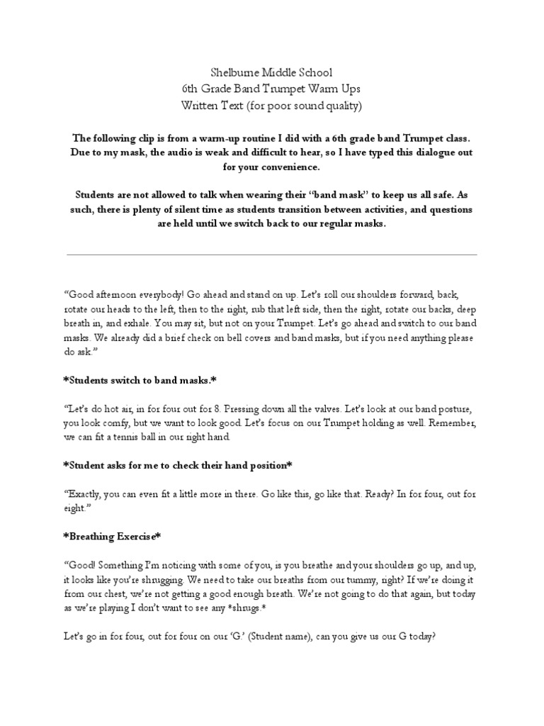 6th Grade Band Trumpet Class Dialogue | PDF
