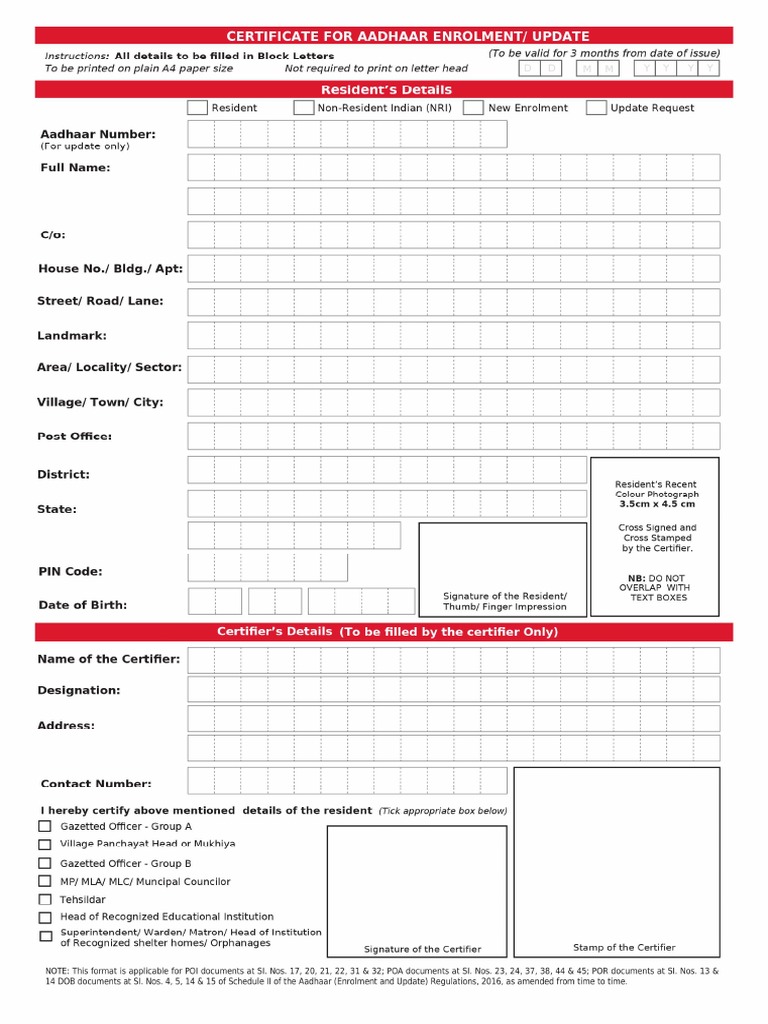 Certificate For Aadhaar Enrolment Update Form v2 | PDF