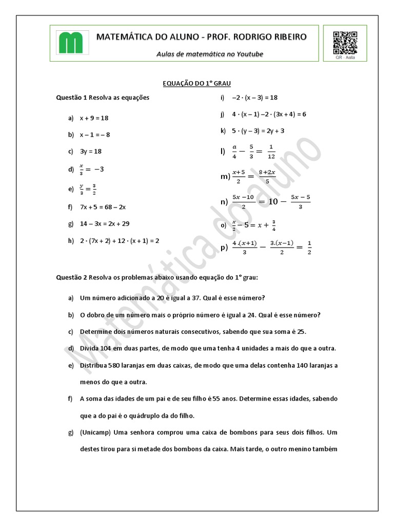 Equação Do 1 Grau - Exercícios | PDF | Equações | Objetos matemáticos