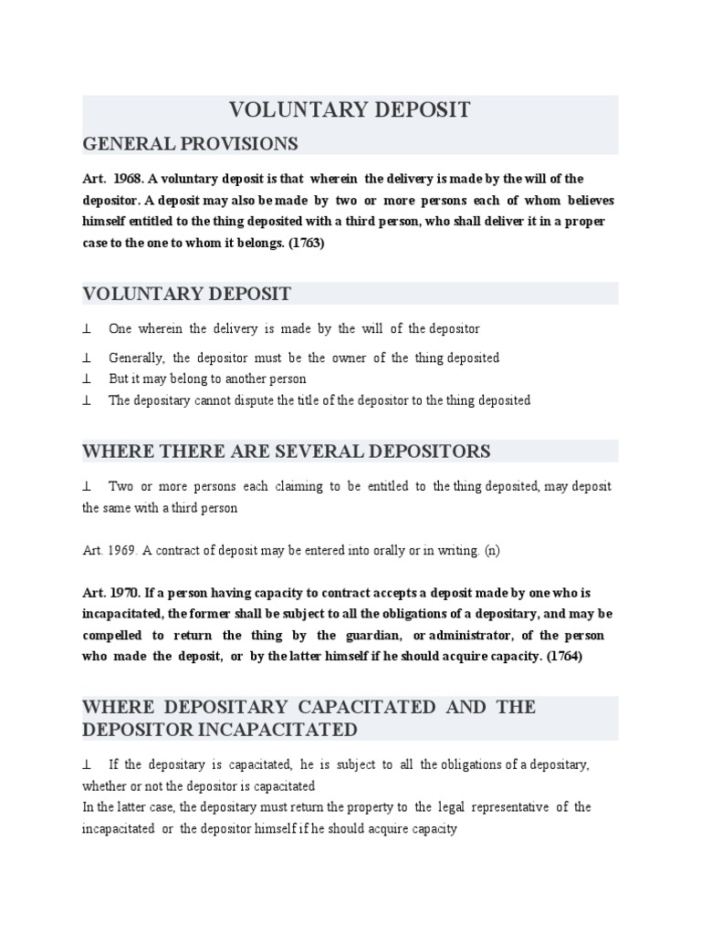 Voluntary Deposit: General Provisions | PDF