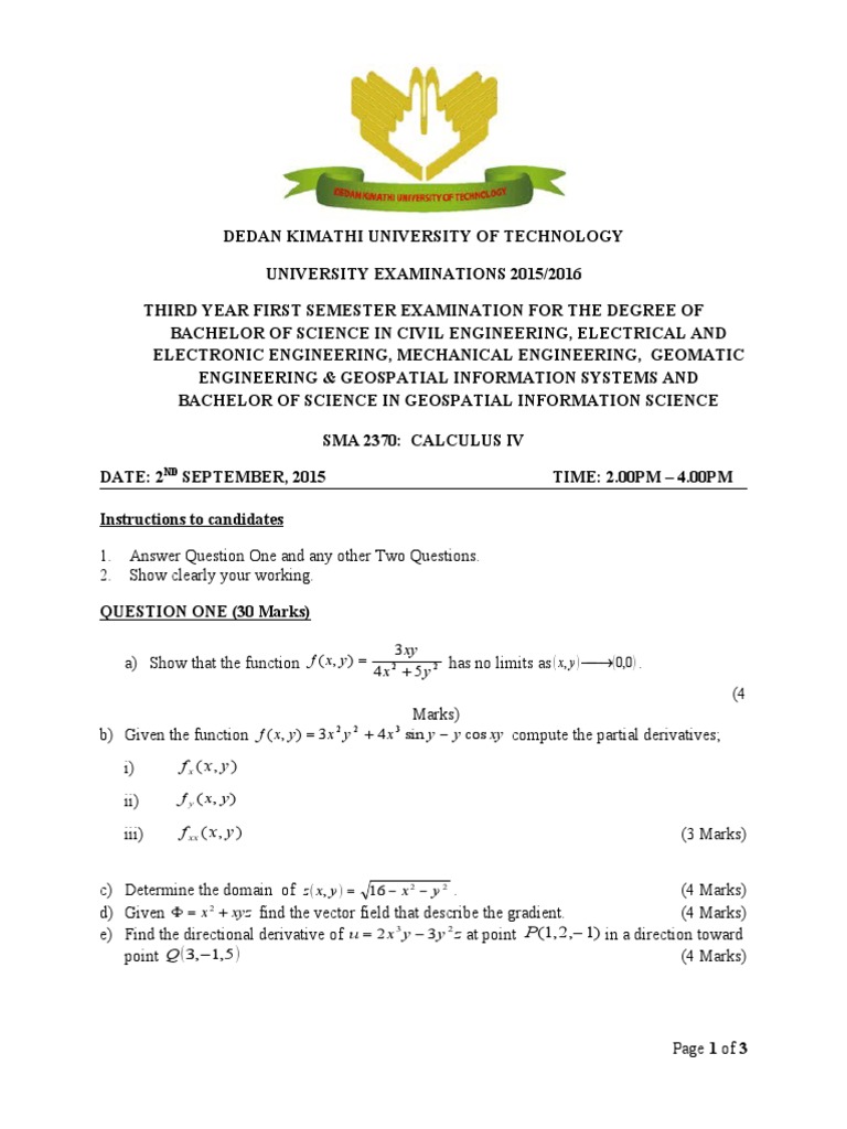 Calculus IV Exam for Engineering Students | PDF | Derivative ...