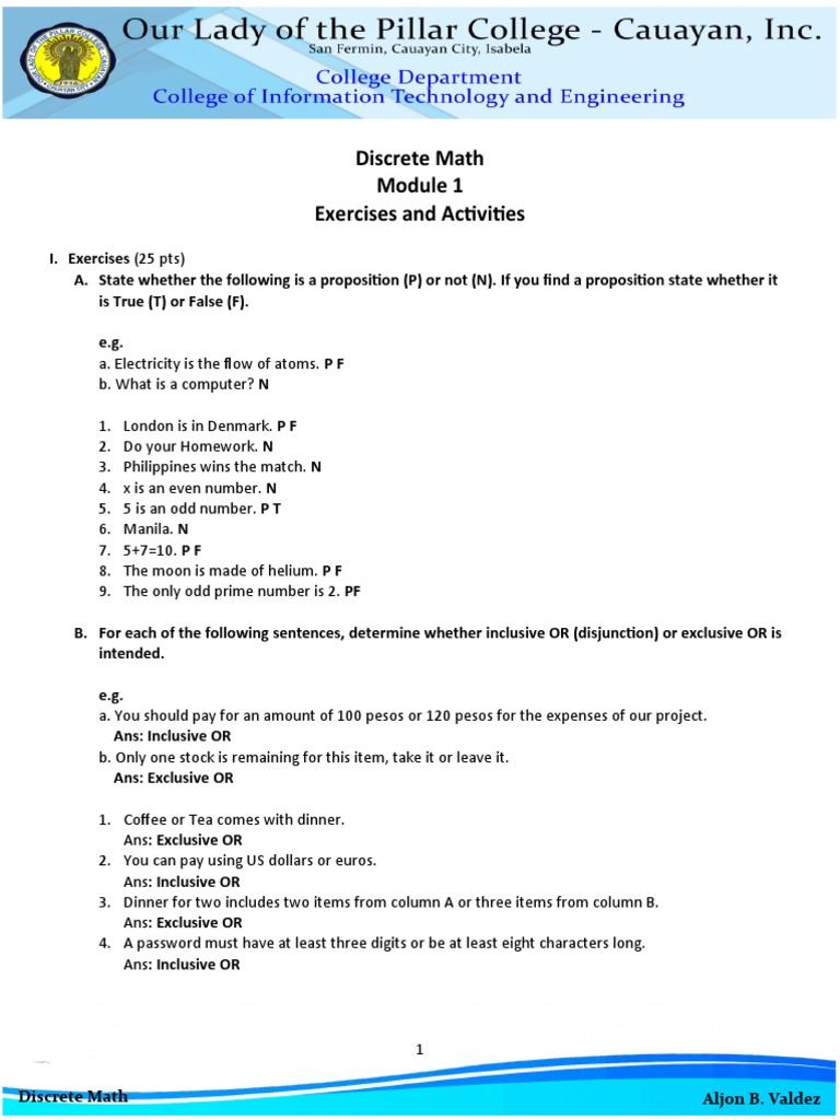 Module 1 Discrete Math Exercises and Activities 1 | PDF | Boolean Algebra | Teaching Mathematics