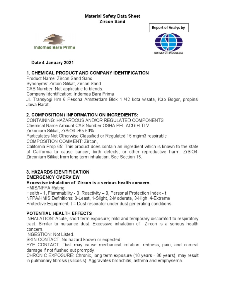 MSDS Zircon Sand Sample | PDF | Water | Breathing