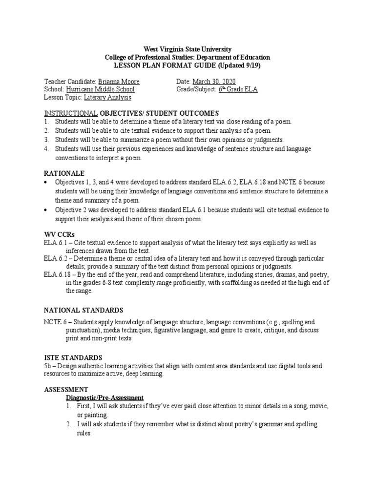 Literary Analysis Lesson Plan | PDF | Differentiated Instruction ...