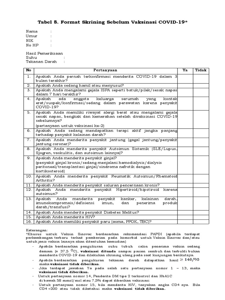 Form Skrining Vaksin Covid-19 | PDF