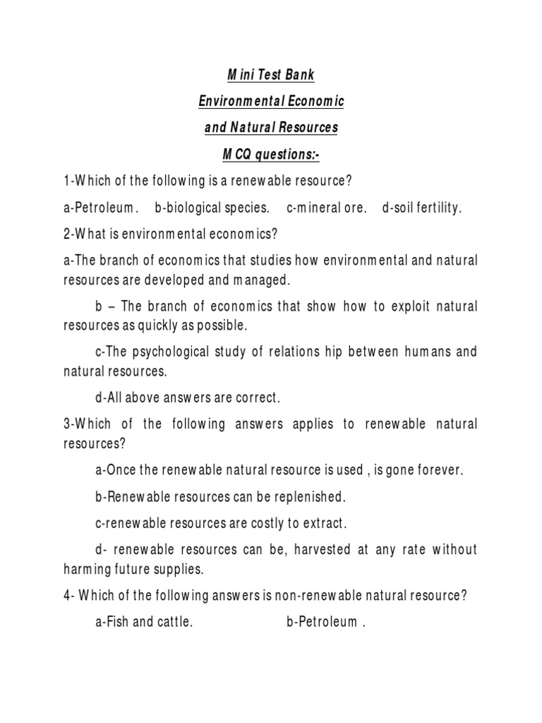 Mini Test Bank Environmental Economic and Natural Resources MCQ ...