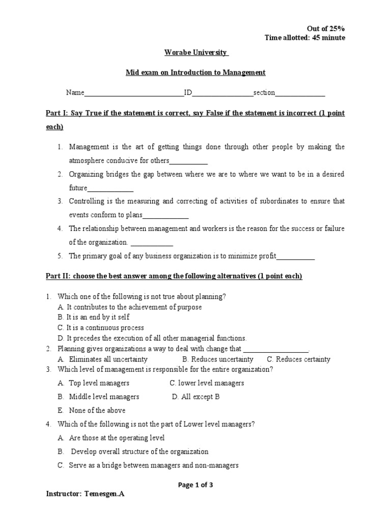 Midterm Exam on Introduction to Management: Answers and Explanations ...