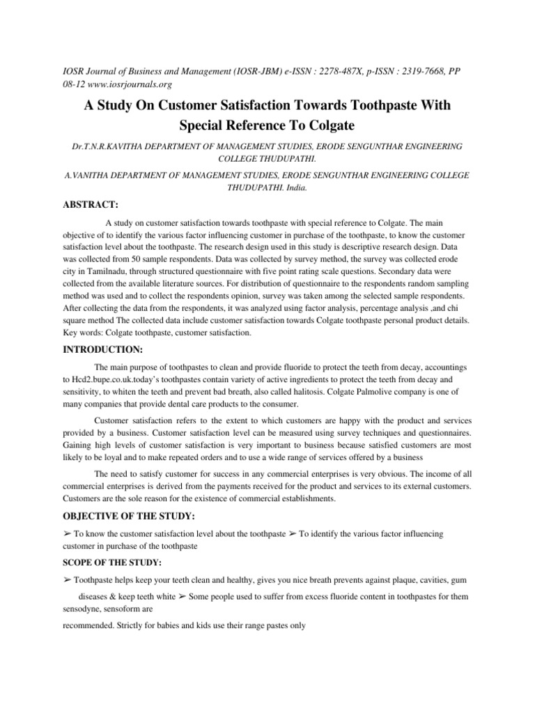 A Study On Customer Satisfaction Towards Toothpaste With Special ...