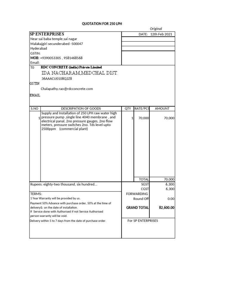 250LPH Quotation For RDC CONCRETE-Final | PDF