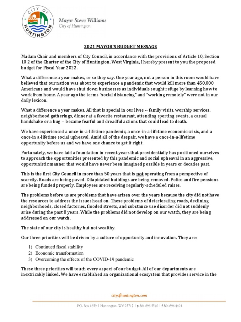 Mayor 2021 Budget Message | PDF | Drug Overdose | Street