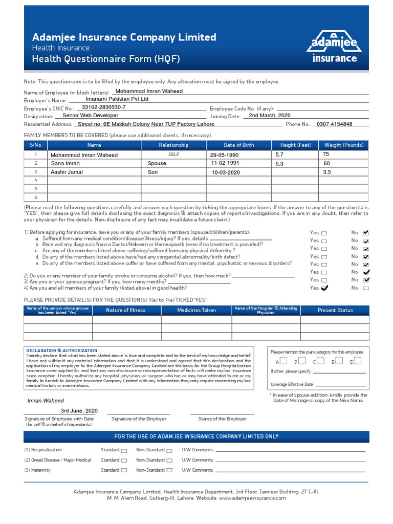 Adamjee Insurance Company Limited: Health Questionnaire Form (HQF ...
