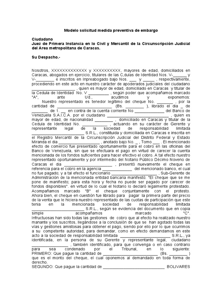 Modelo Solicitud Medida Preventiva de Embargo | PDF | Cheque | Bancos