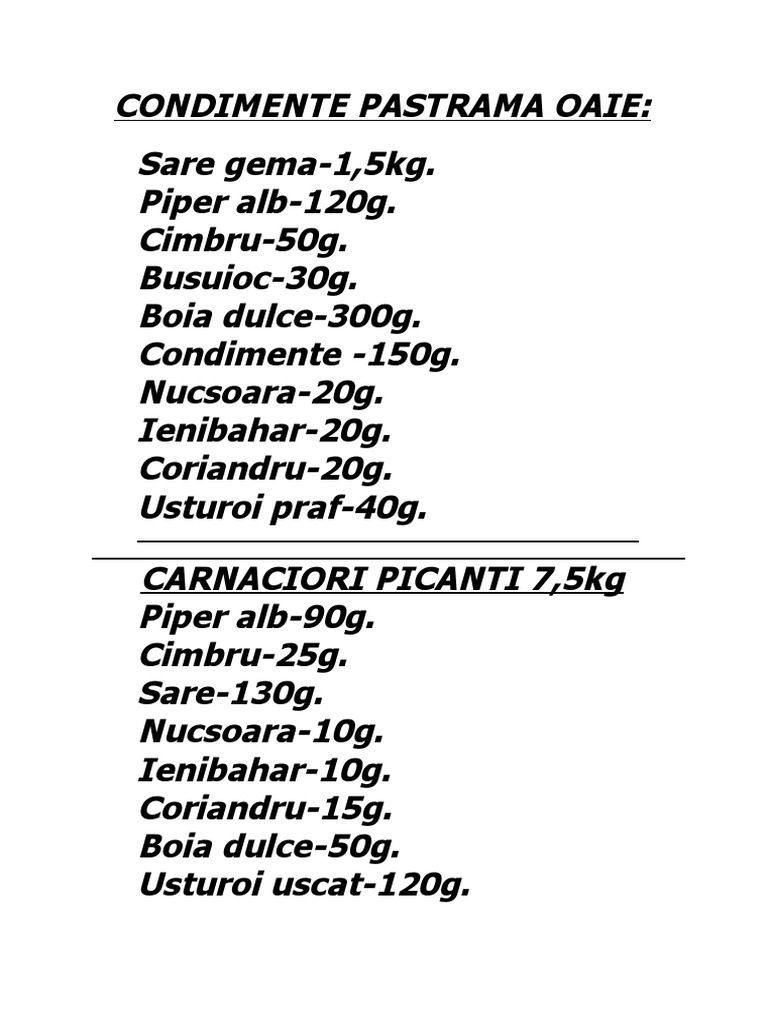 Condimente Pastrama Oaie-Carnaciori Picanti | PDF