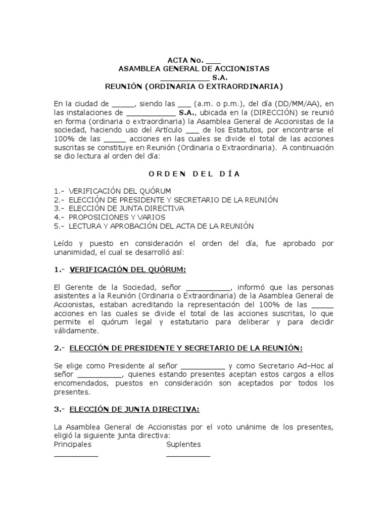 Modelo Acta Nombramiento Junta Directiva | PDF | Votación | Gobierno