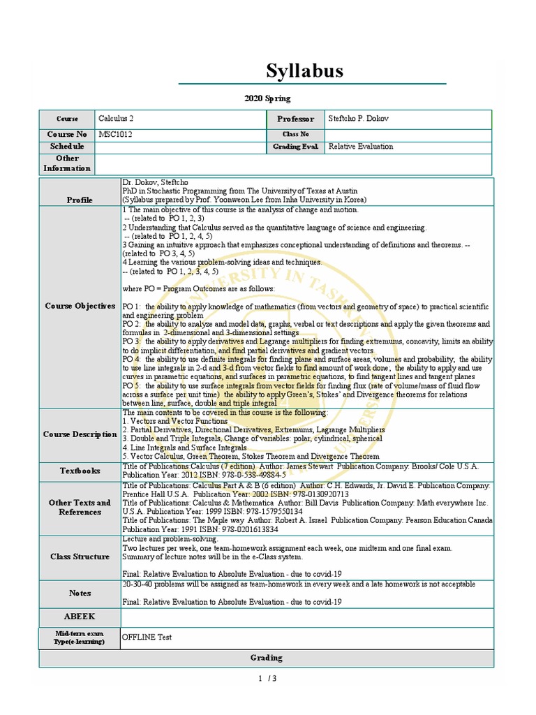 Calculus 2 Syllabus Spring 2020 | PDF | Derivative | Tangent