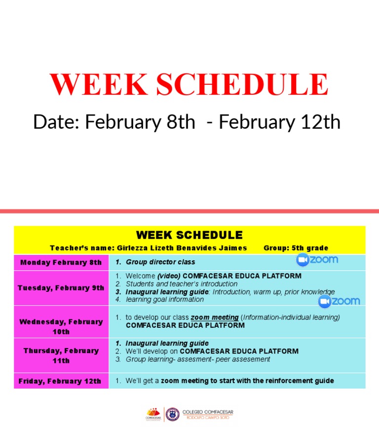 5th Grade Weekly Schedule: Feb 8-12 | PDF