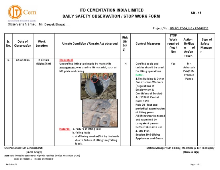 Daily Safety Observation Report | PDF | Safety | Occupational Safety ...