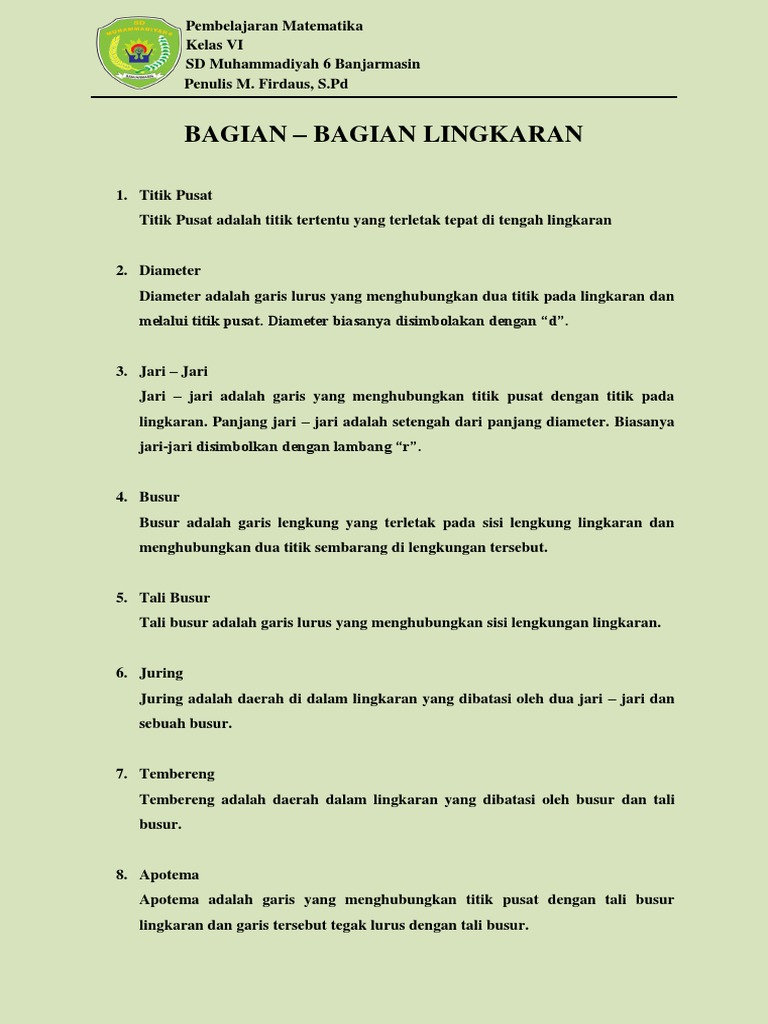 Bagian-Bagian Lingkaran untuk Kelas VI | PDF | Seni & Disiplin Bahasa