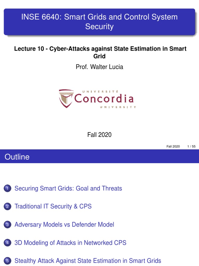 INSE 6640: Smart Grids and Control System Security: Lecture 10 - Cyber-Attacks Against State ...