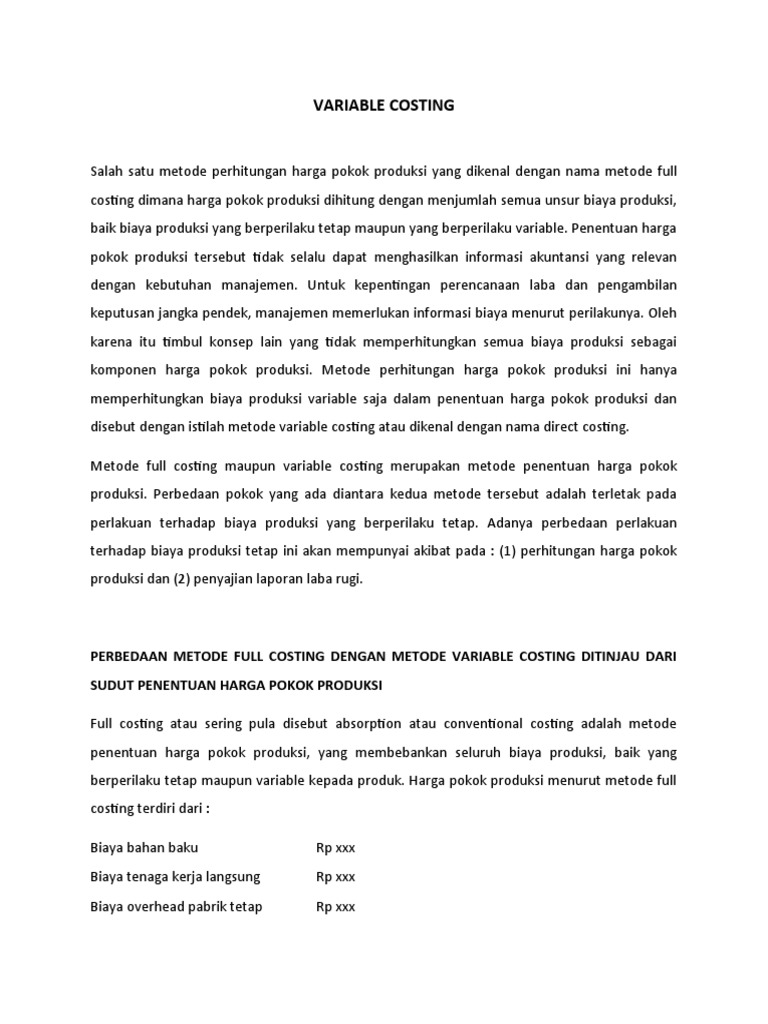 Perbandingan Metode Variable Costing | PDF | Pengelolaan Keuangan & Uang