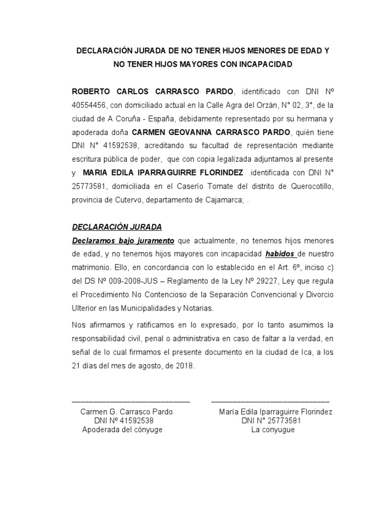 Declaración Jurada de No Tener Hijos Menores de Edad Imprimir | PDF