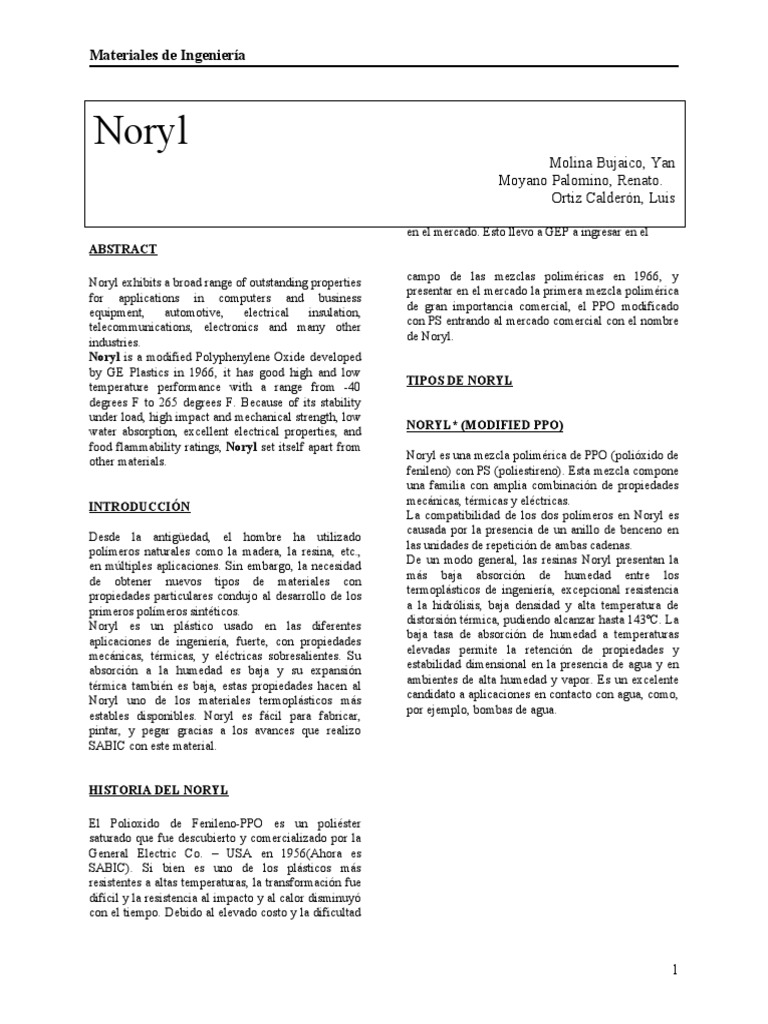 Noryl Trabajo | PDF | Polímeros | Absorción (Química)