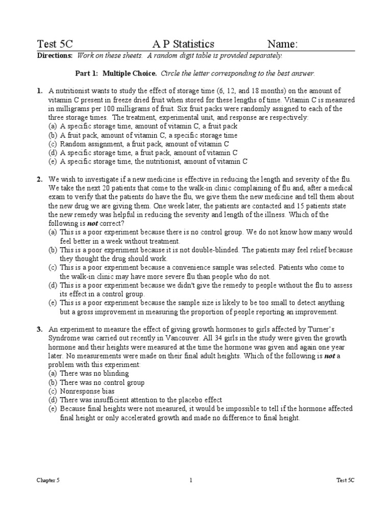 Test 5C A P Statistics Name | PDF | Experiment | Sampling (Statistics)