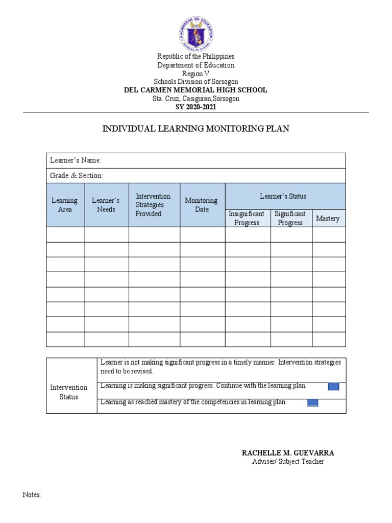 Individual Learning Monitoring Plan (Sample Template) | Download Free ...