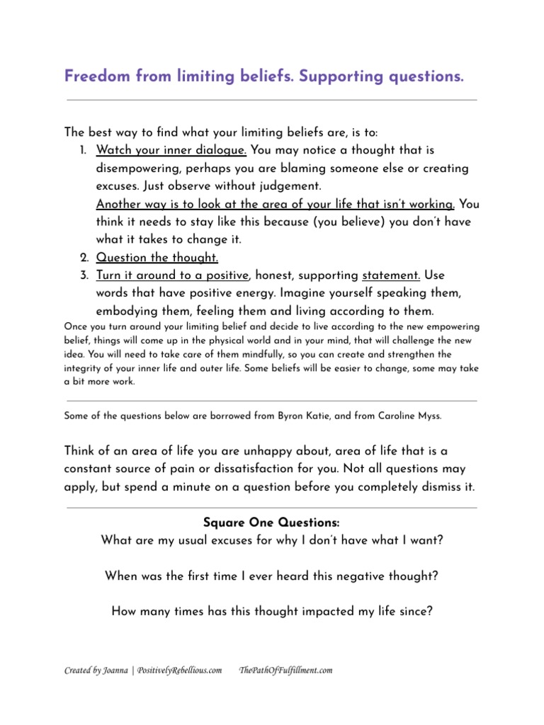 45 Questions To Break The Limiting Beliefs Google Docs | PDF | Self ...
