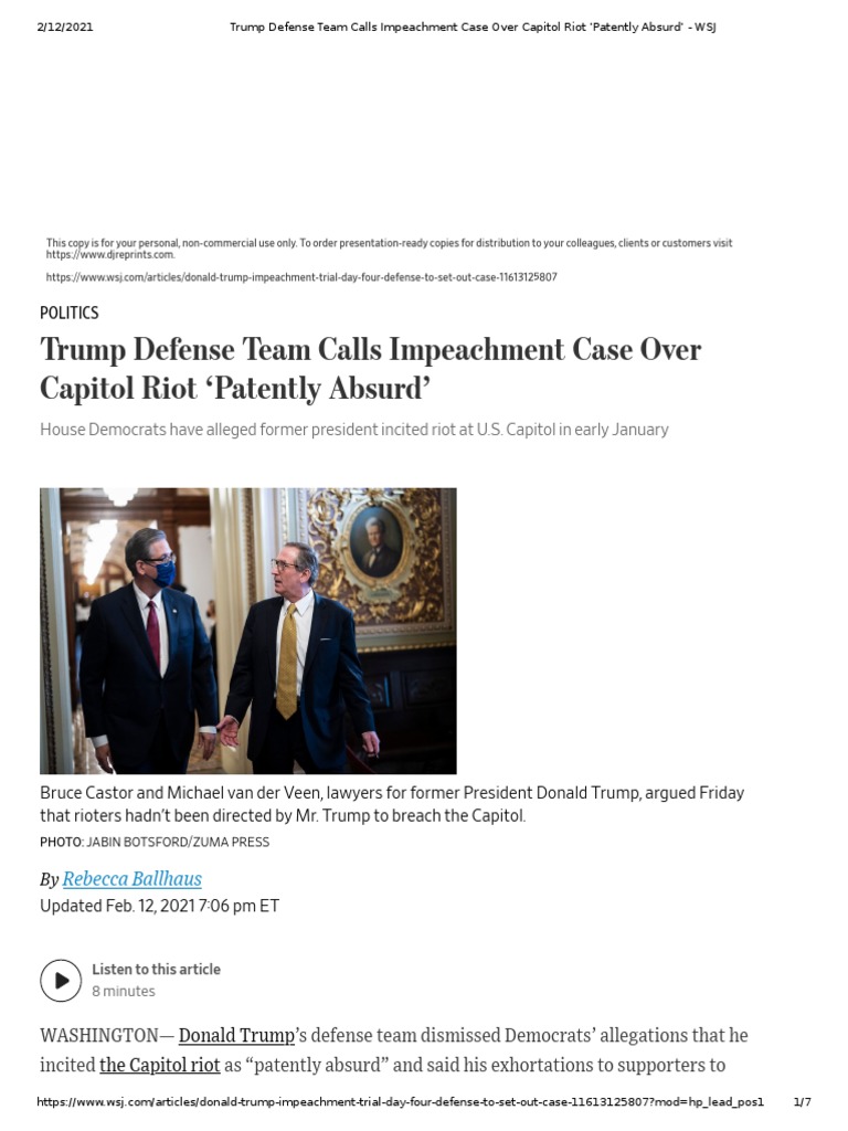 Trump Defense Team Calls Impeachment Case Over Capitol Riot Patently ...