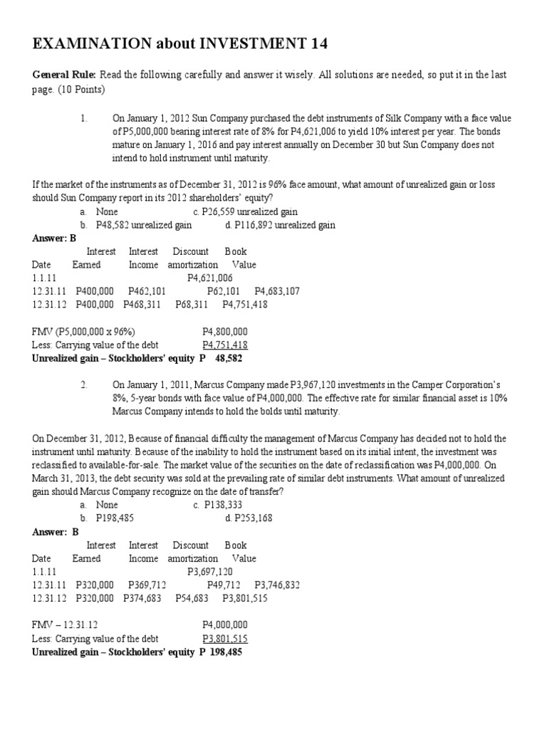 Examination About Investment 14 | PDF | Bonds (Finance) | Book Value