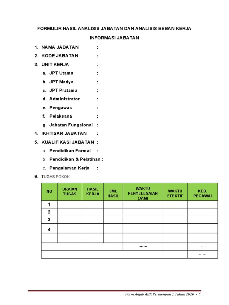 FORM ANJAB 2020 Kosong | PDF