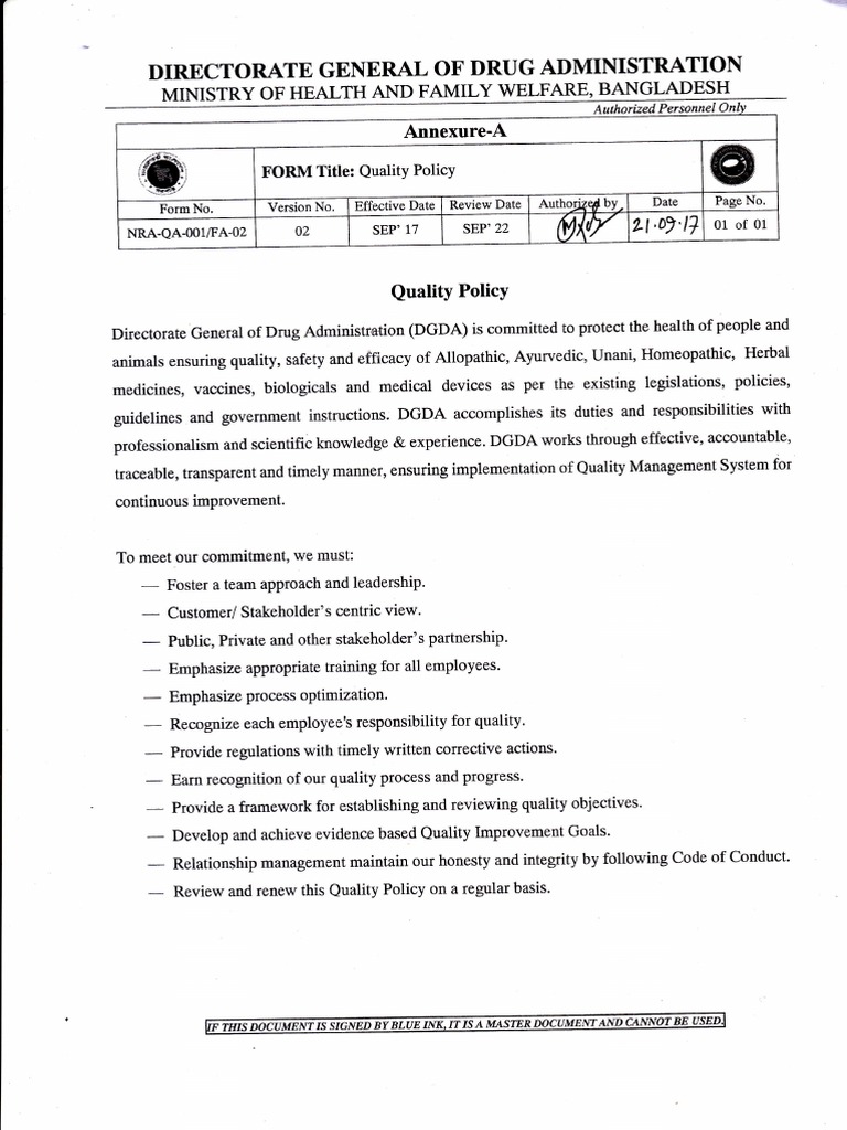 DGDA Quality Policy Overview | PDF | Self-Improvement