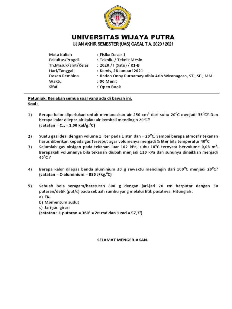 SOAL UAS FISIKA DASAR I Teknik Mesin SMTR 1 Kls Malam 2021 | PDF