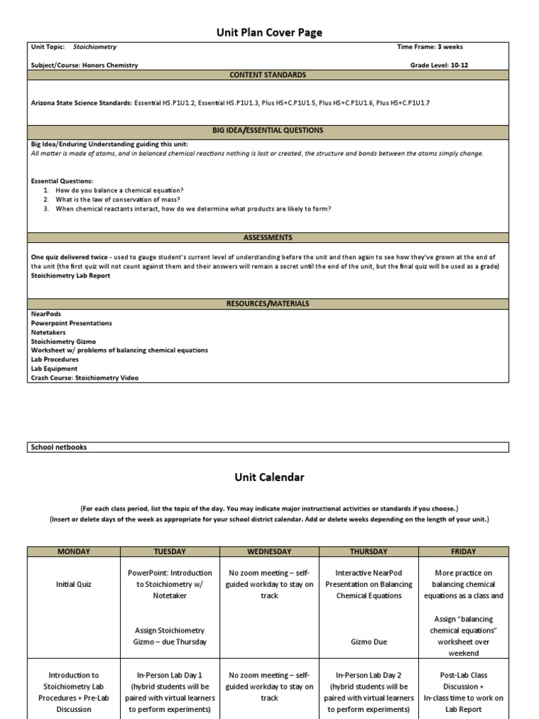 Unit Plan Cover Page: Content Standards | PDF | Stoichiometry | Chemistry
