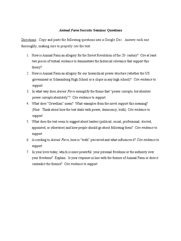 Animal Farm Socratic Seminar Questions | PDF | Philosophy