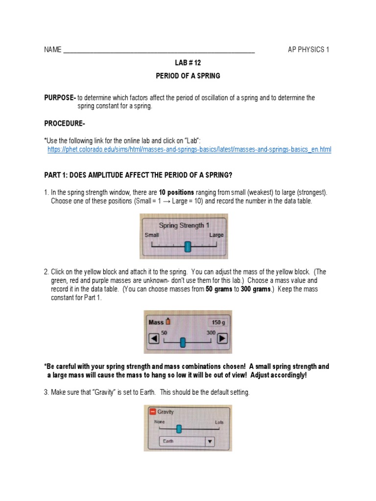 LAB - Period of A Spring (Phet) | PDF | Mass | Amplitude