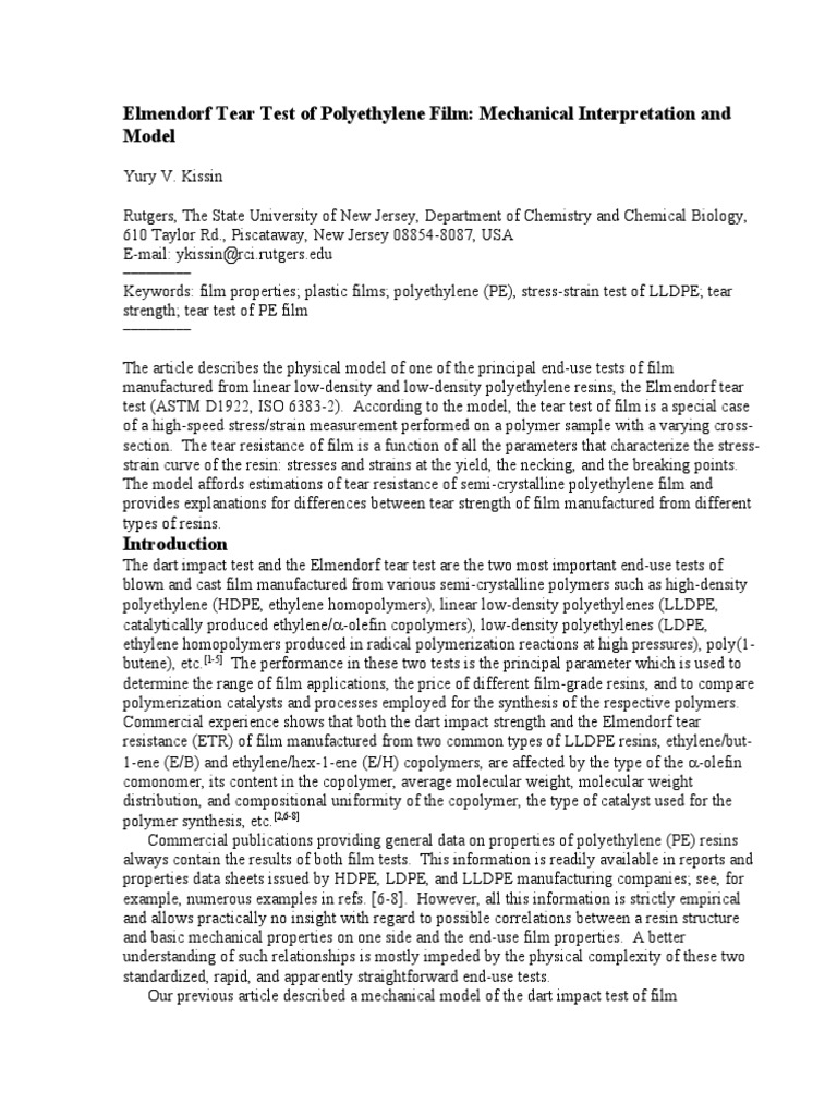 ElmendorfTear ASTM D1922 | PDF | Polyethylene | Deformation (Engineering)
