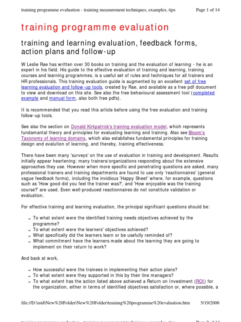 Training Programme Evaluation: Training and Learning Evaluation ...